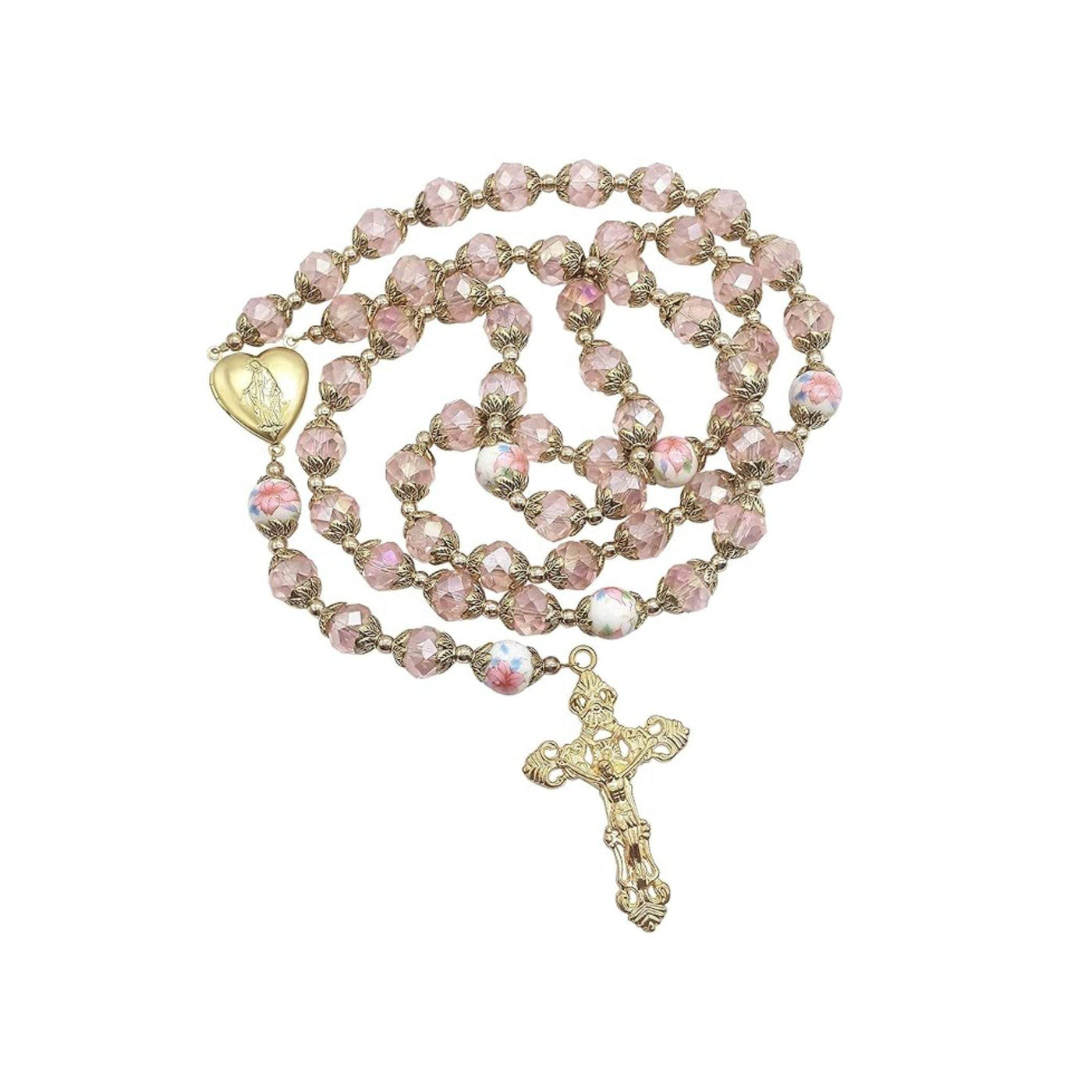 Rosary Necklace Pink Crystal Gold Flowers Beads - Nazareth Store