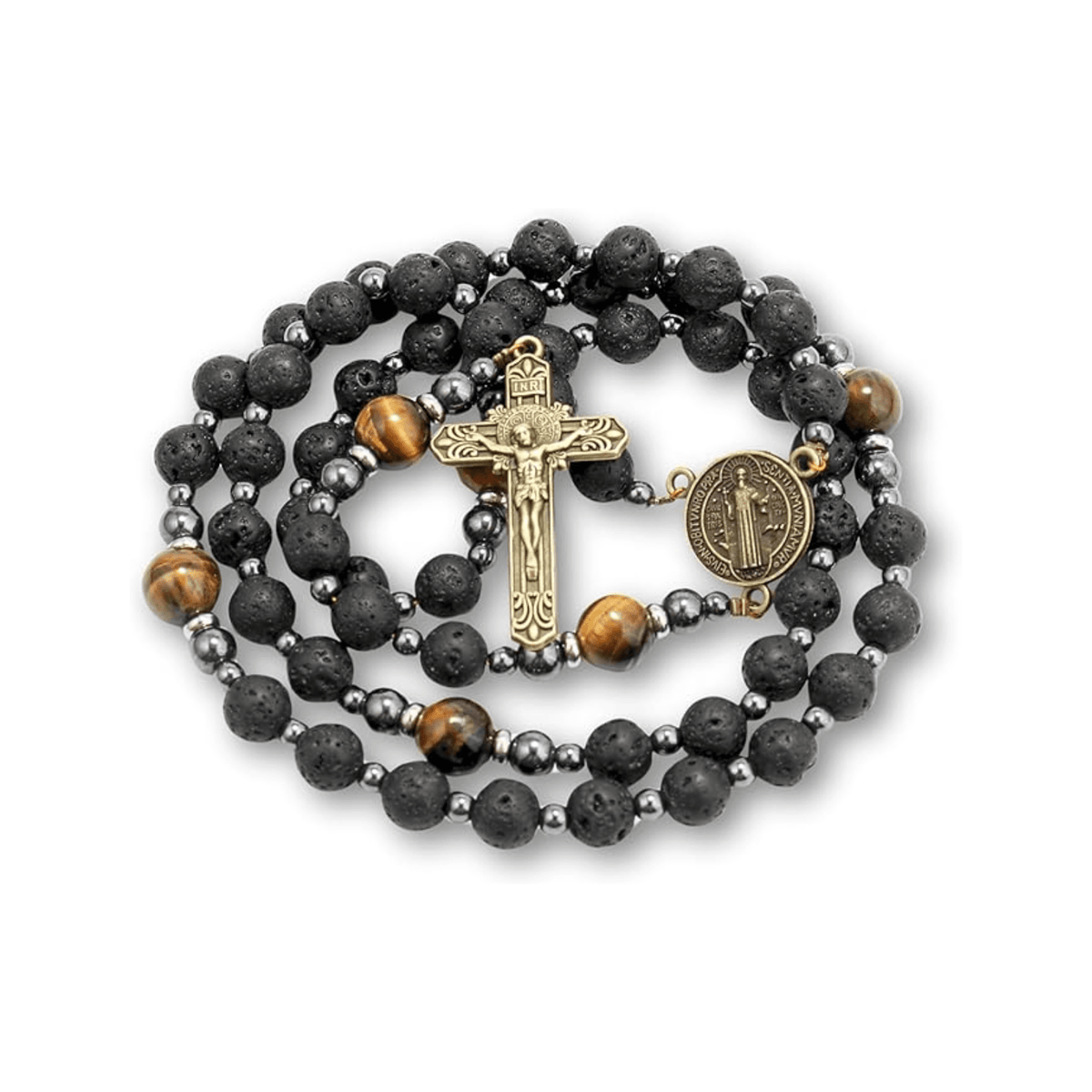 Black Lava Stone Rosary with Yellow Tiger Eye St. Benedict Medal ...