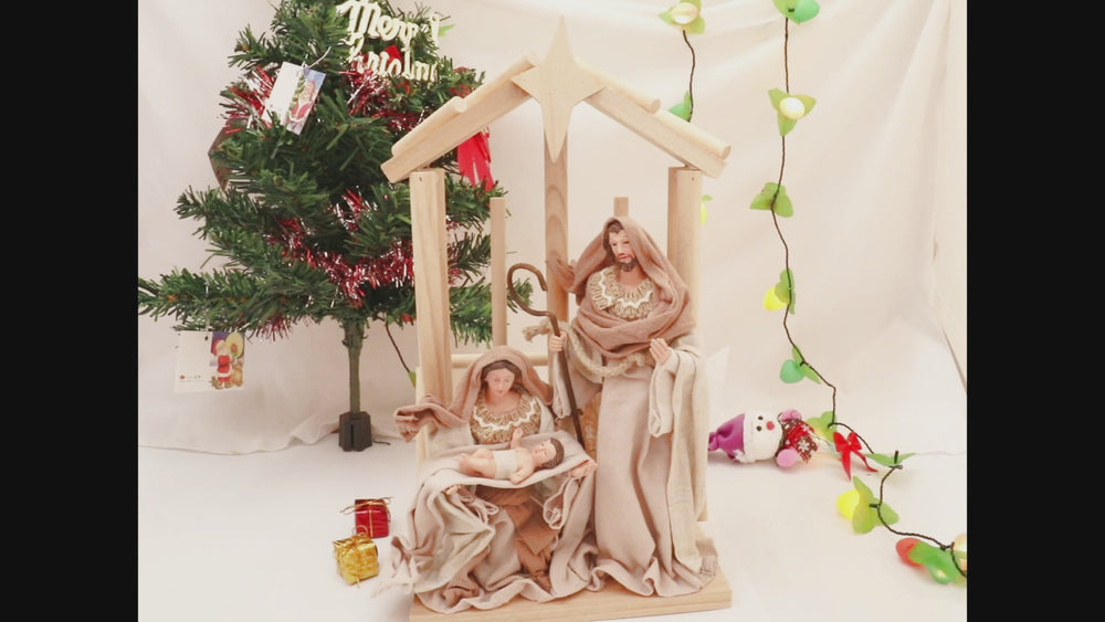 Pine Wood Nativity Set Holy Family in Cotton Fabric Clothes 14" Resin ...