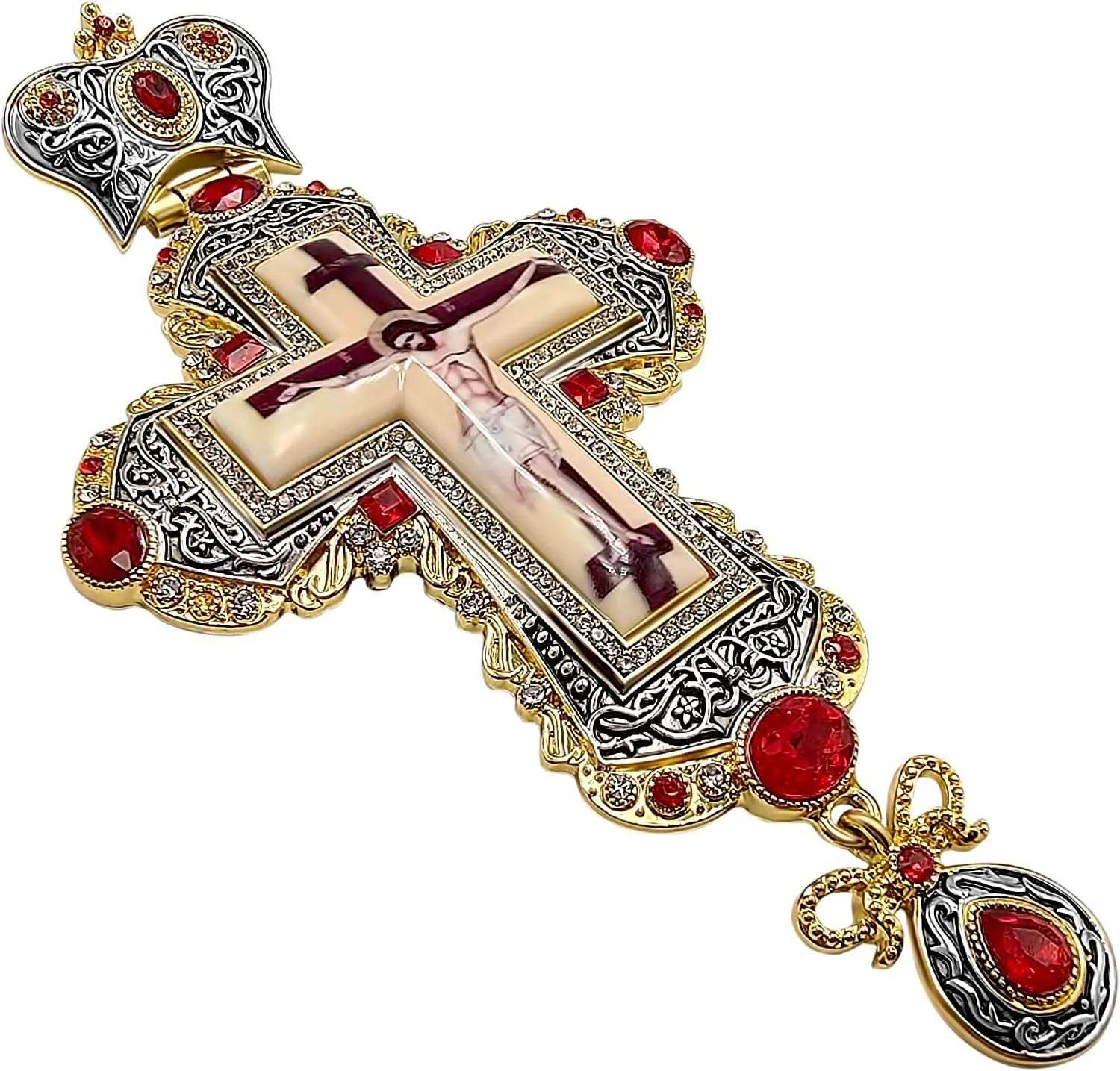 Gold Pectoral Cross Pendant Necklace Christian Crucifix Red Zircons