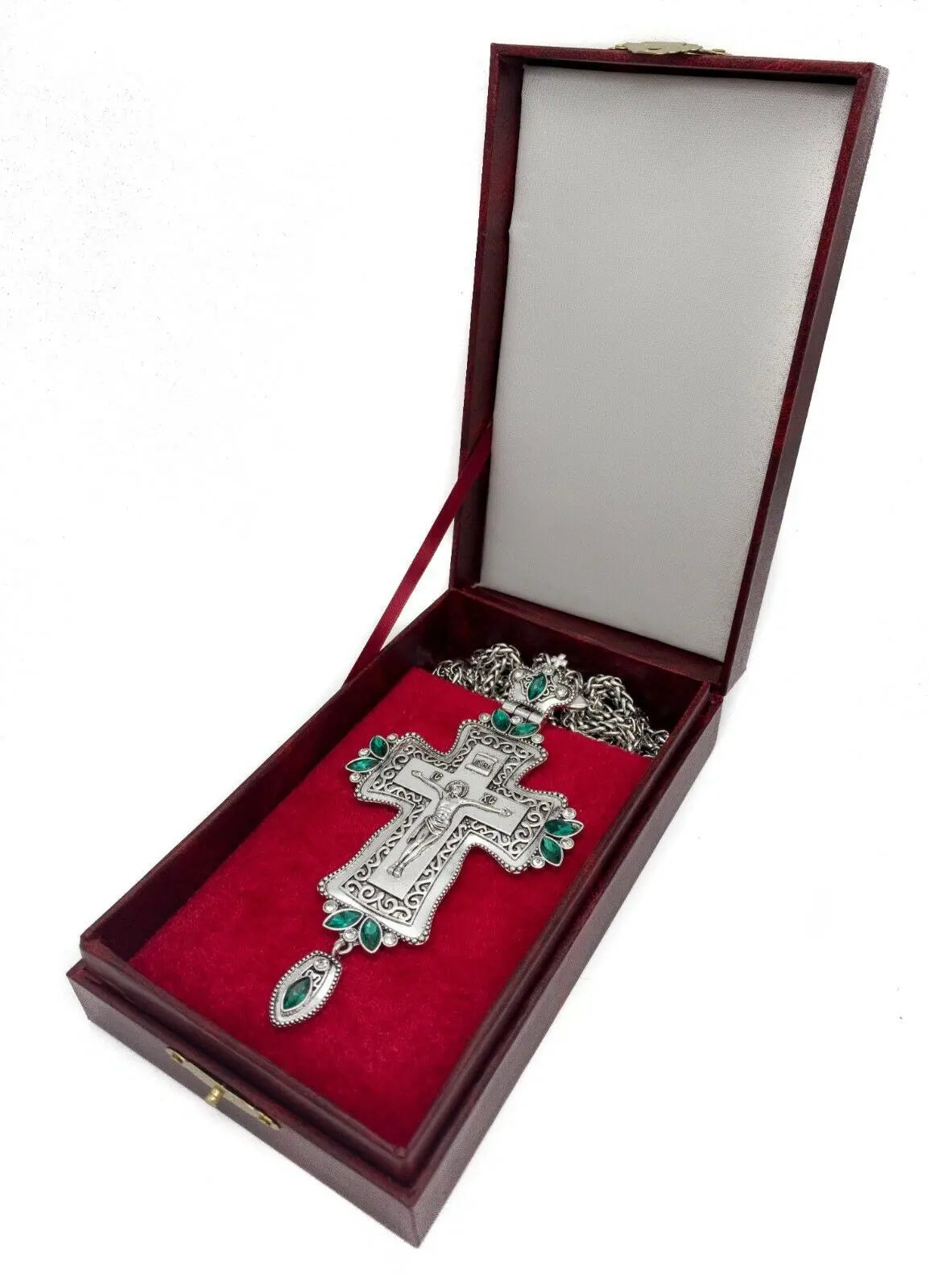 Green Crystals Bishop Pectoral Cross Silver Clergy - Nazareth Store