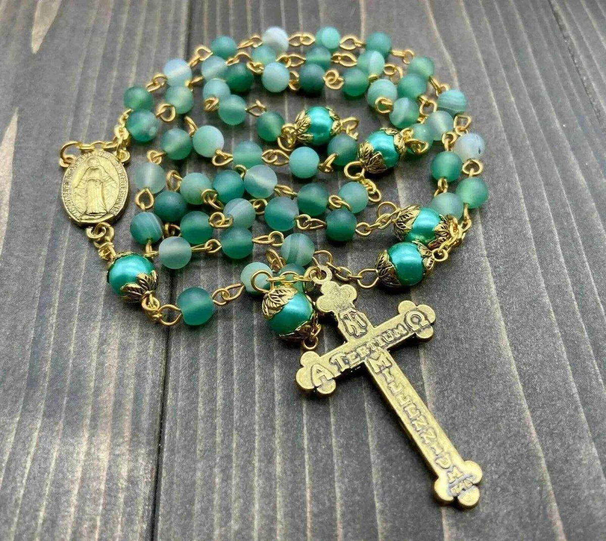 Rosary Necklace Catholic Green Matte Beads Miraculous Medal & Cross ...