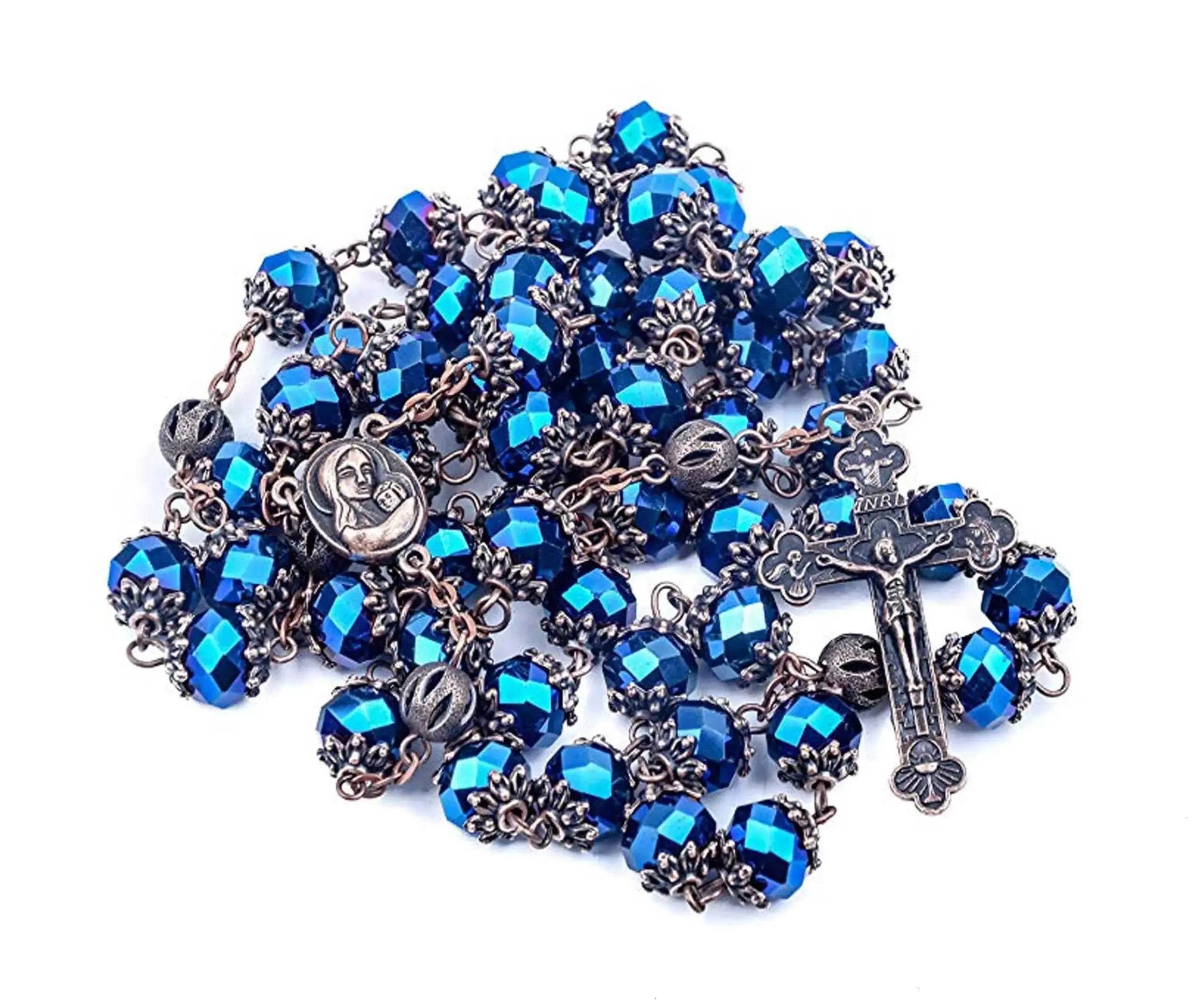 Blue Crystal Beads Rosary Necklace Holy Soil Medal