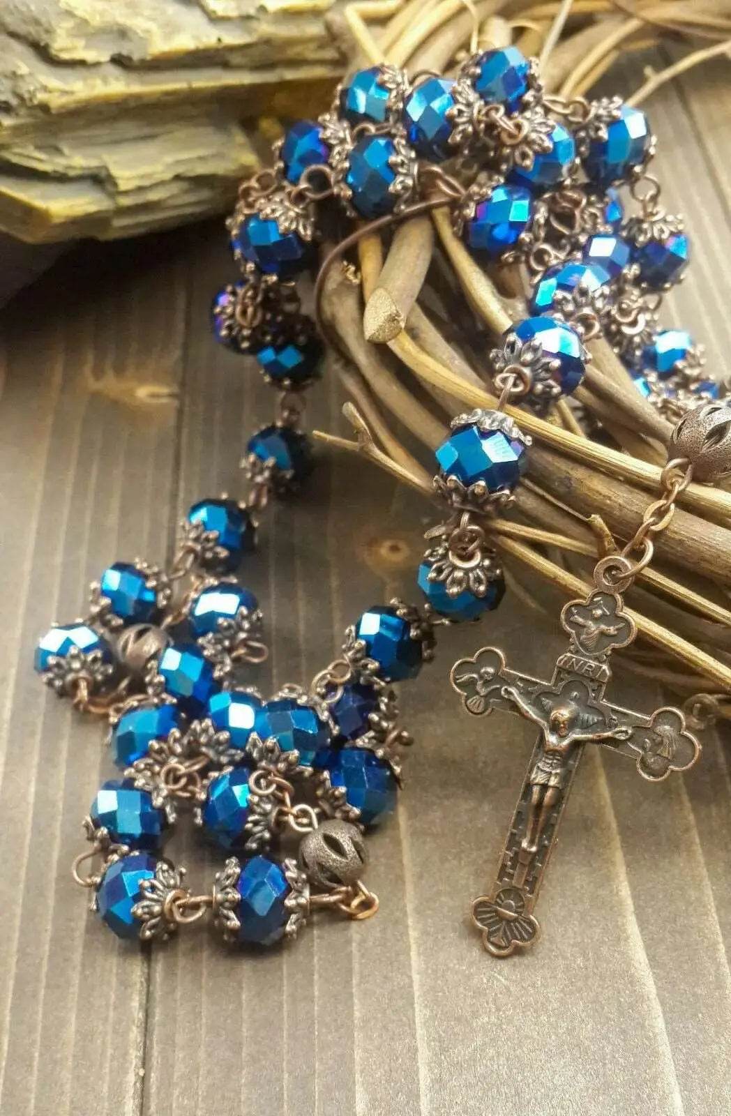 Blue Crystal Beads Rosary Necklace Holy Soil Medal