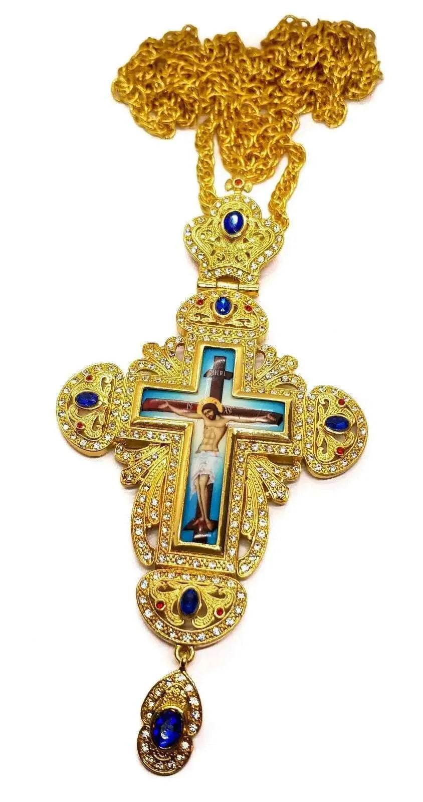 Pectoral Cross Blue Crystals Christian Priest Clergy - Nazareth Store