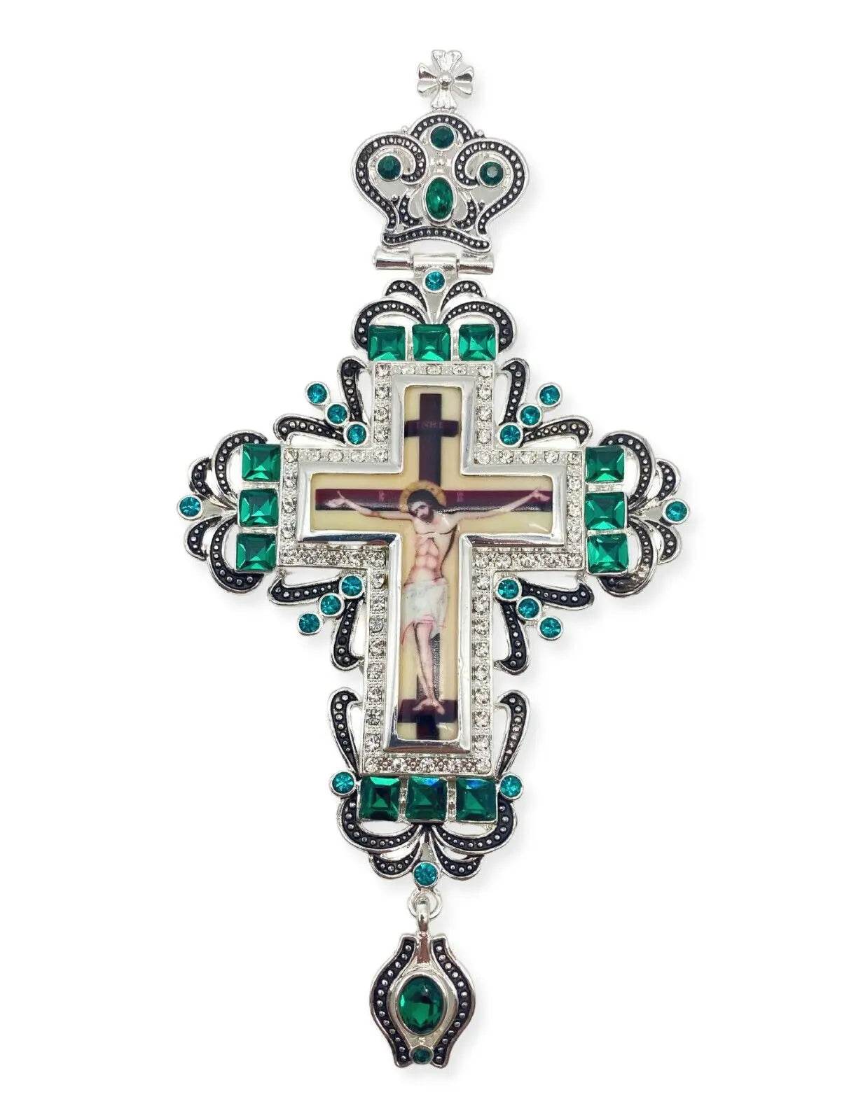 Green Crystallized Pectoral Cross Pendant Crucifix Clergy Bishop
