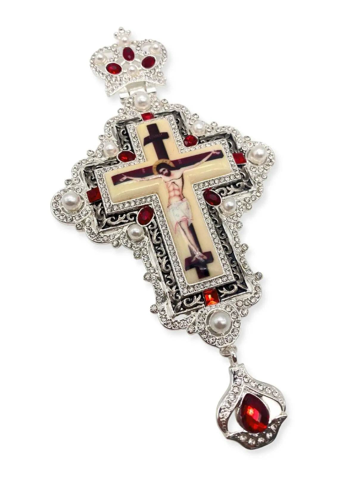 White Pearls & Red Crystallized Stone Pectoral Cross Priest Bishop
