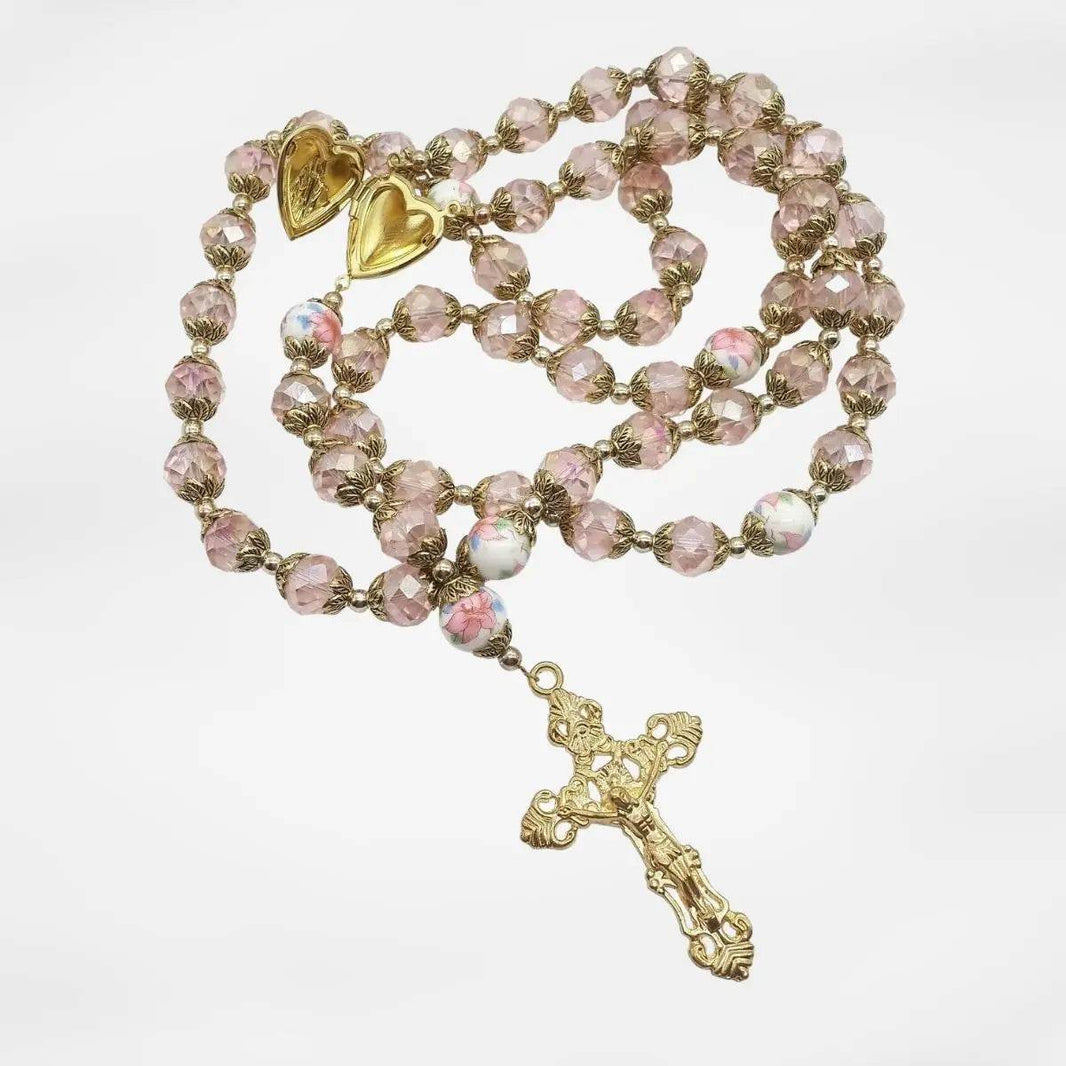 Pink Crystal Rosary Gold Necklace - Nazareth Store