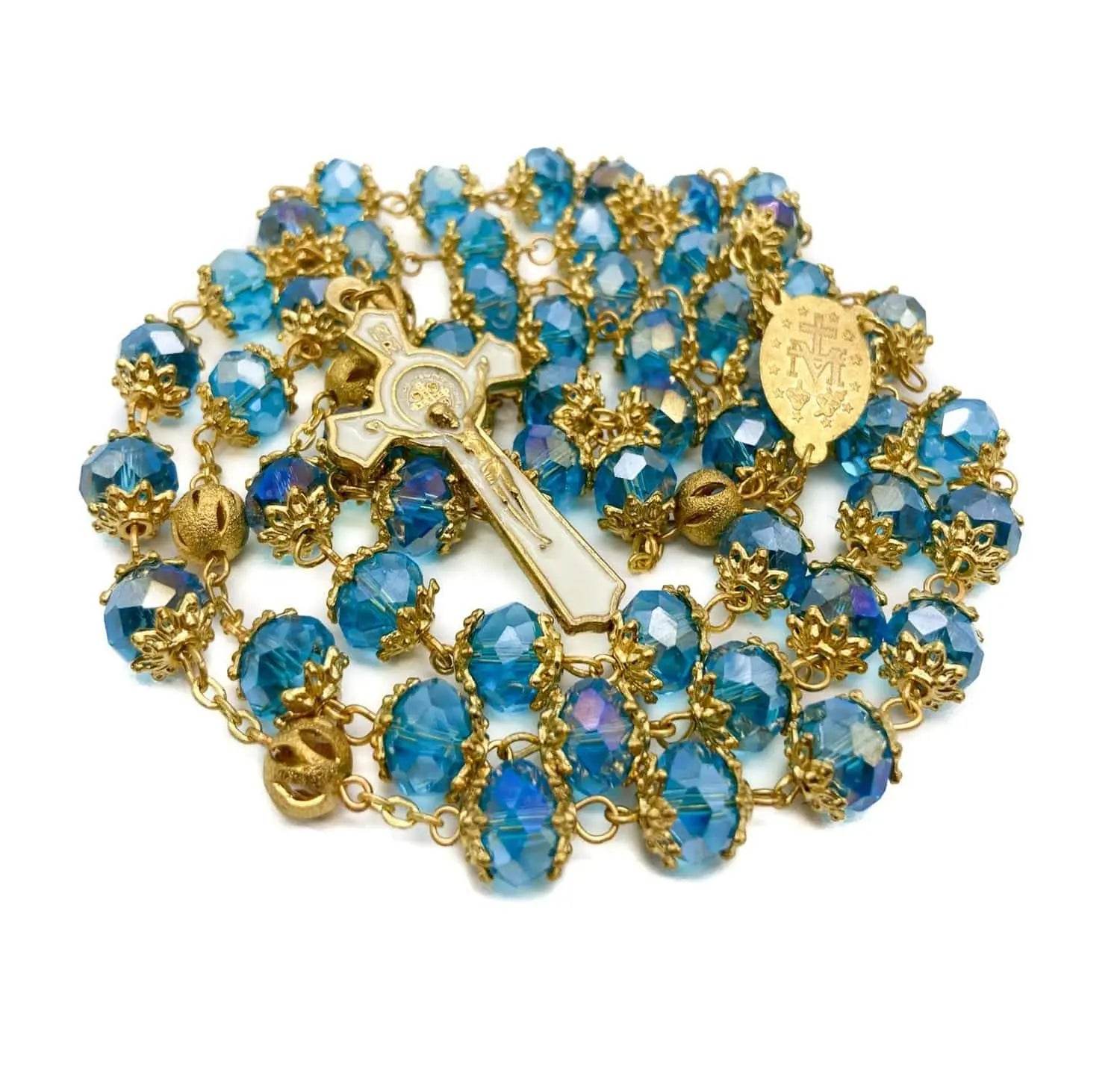 St Saint Benedict Rosary Light Blue Crystal Beads With Miraculous